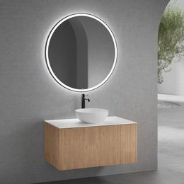 neoro n50 line Unterschrank B: 100 cm mit 1 Auszug, mit profilierter Eichenfront, Waschtisch &Oslash; 40 cm wei&szlig; matt, Konsole wei&szlig; matt, mit Spiegel,