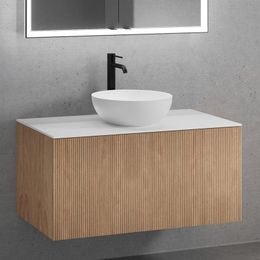 neoro n50 line Unterschrank B: 100 cm mit 1 Auszug, mit profilierter Eichenfront, Waschtisch &Oslash; 40 cm wei&szlig; matt, Konsole wei&szlig; matt,