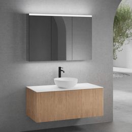 neoro n50 line Unterschrank B: 120 cm mit 1 Auszug, mit profilierter Eichenfront, Waschtisch Ø 40 cm weiß matt, Konsole weiß matt, mit Spiegelschrank,