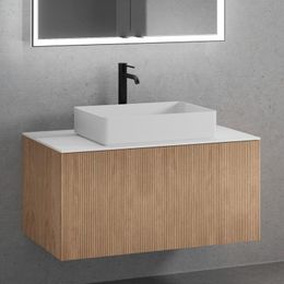 neoro n50 line Unterschrank B: 100 cm mit 1 Auszug, mit profilierter Eichenfront, Waschtisch B: 58 cm wei&szlig; matt, Konsole wei&szlig; matt,