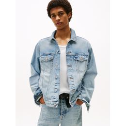 Jeansjacke Tommy Jeans "RYAN RGLR TRCKR RWB EXT CI6033", Herren, Gr. M, blau (denim mid light blau), Denim/Jeans, Obermaterial: 100% Baumwolle, unifarben, klassisch normal, Rundhals, eingesetzt,&Auml;rmel mit &Auml;rmelschlitz 1-Knopf-Manschette mit Schlitz, Jacken Jeansjacke, Freizeitjacke, &Uuml;bergangsjacke, Mit Rundhalsausschnitt