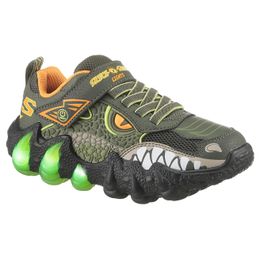 Sneaker Skechers "SKECH-O-SAURUS LIGHTS 2.0", Kinder, Gr. 31, grün (olivgrün), Lederimitat, Mesh, animal-print, kontrastfarbene Details, Schuhe, Blink,-Klettschuh, Dino-Schuh, Größenschablone zum Download