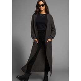 Longstrickjacke Laura Scott, Damen, Gr. 36/38 (S), grau (dunkelgrau, melange), Grobstrick, Obermaterial: 100% Polyacryl, unifarben, oversize ca. Mitte Wade, V-Ausschnitt, B&uuml;ndchen, Strickjacken Longstrickjacke, aus kuscheligem Grobstrick