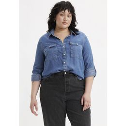 LEVI'S® PLUS Jeansbluse LEVI'S PLUS "DOREEN UTILITY", Damen, Gr. 4XL (58/62), blau (in patches), Denim/Jeans, Obermaterial: 100% Lyocell, unifarben, regular fit normal, mit Aufschlag, Blusen, mit Taschen