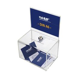 HMF 46912 Acryl Spendenbox abschlie&szlig;bar, 15,5 x 11 x 11 cm, DIN A6 Blatteinschub, Transparent