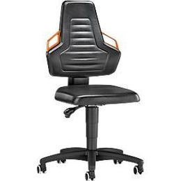 Arbeitsdrehstuhl, Rollen, Kunstleder schwarz, Griffe orange