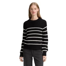 Strickpullover Tom Tailor Denim, Damen, Gr. S (36), wei&szlig; (placed schwarz, wei&szlig; stripe), Strick, Obermaterial: 50% Baumwolle, 50% Polyacryl, regular fit taillenbedeckt, Rundhals, B&uuml;ndchen, Pullover Strickpullover, mit Strick-Struktur