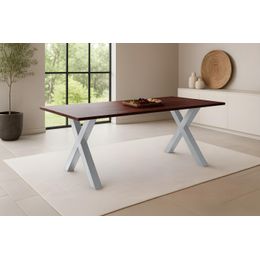 Esstisch 180x90 cm Akazie massiv kastaniefarben Schweizer Kante X-Gestell silber RITA