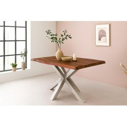 Esstisch Baumkante Akazie massiv 50mm Nussbaum 160 x 85 cm Spider-Gestell silber CALI
