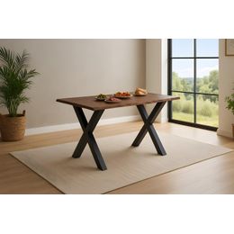 Esstisch Baumkante massiv Akazie kastaniefarben 140 x 80 cm X-Gestell schwarz ROXANA