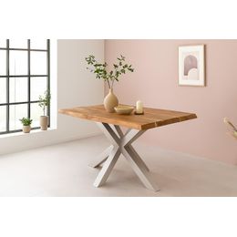 Esstisch Baumkante Akazie massiv 50mm Natur 140 x 80 cm Spider-Gestell silber CALI