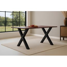 Esstisch 140x80 cm Akazie massiv kastaniefarben Schweizer Kante X-Gestell schwarz RITA