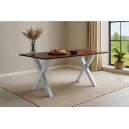 Esstisch 160x85 cm Akazie massiv kastaniefarben Schweizer Kante X-Gestell silber RITA