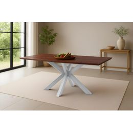 Esstisch 160x85 cm Akazie massiv kastaniefarben Schweizer Kante Spider-Gestell silber RITA