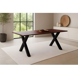 Esstisch 180x90 cm Akazie massiv kastaniefarben Schweizer Kante X-Gestell schwarz RITA