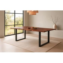 Esstisch Baumkante massiv Akazie kastaniefarben 200 x 100 cm U-Gestell schwarz ROXANA