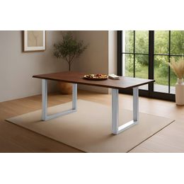 Esstisch Baumkante massiv Akazie kastaniefarben 160 x 85 cm U-Gestell silber ROXANA