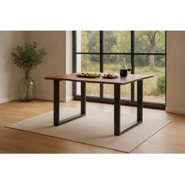 Esstisch Baumkante massiv Akazie kastaniefarben 120 x 80 cm U-Gestell schwarz ROXANA