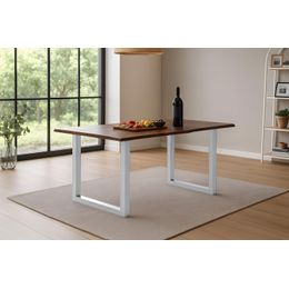 Esstisch Baumkante massiv Akazie kastaniefarben 140 x 80 cm U-Gestell silber ROXANA