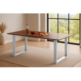 Esstisch 180x90 cm Akazie massiv kastaniefarben Schweizer Kante U-Gestell silber RITA