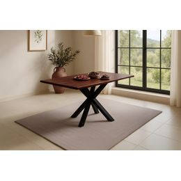 Esstisch Baumkante massiv Akazie kastaniefarben 120 x 80 cm Spider-Gestell schwarz ROXANA