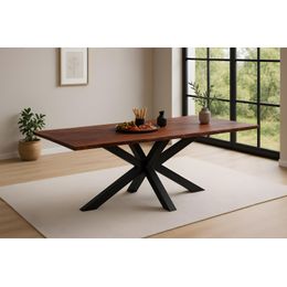Esstisch Baumkante massiv Akazie kastaniefarben 200 x 100 cm Spider-Gestell schwarz ROXANA