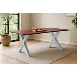 Esstisch Baumkante massiv Akazie kastaniefarben 180 x 90 cm X-Gestell silber ROXANA