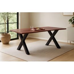 Esstisch Baumkante massiv Akazie kastaniefarben 180 x 90 cm X-Gestell schwarz ROXANA