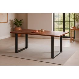 Esstisch Baumkante massiv Akazie kastaniefarben 180 x 90 cm U-Gestell schwarz ROXANA