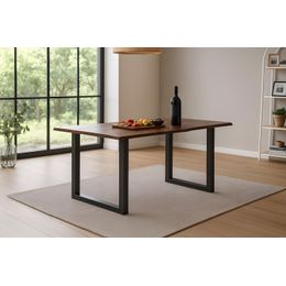 Esstisch Baumkante massiv Akazie kastaniefarben 140 x 80 cm U-Gestell schwarz ROXANA