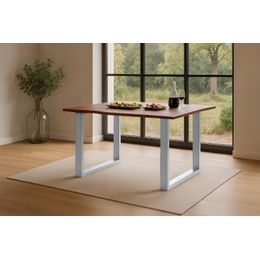 Esstisch Baumkante massiv Akazie kastaniefarben 120 x 80 cm U-Gestell silber ROXANA