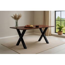 Esstisch 160x85 cm Akazie massiv kastaniefarben Schweizer Kante X-Gestell schwarz RITA