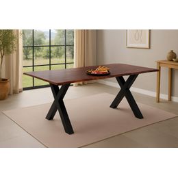 Esstisch Baumkante massiv Akazie kastaniefarben 160 x 85 cm X-Gestell schwarz ROXANA