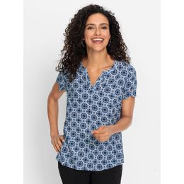 Schlupfbluse Inspirationen, Damen, Gr. 38, blau (jeansblau, ecru, bedruckt), 100% Viskose, bedruckt, gemustert, mehrfarbig, V-Ausschnitt, Blusen Schlupfbluse