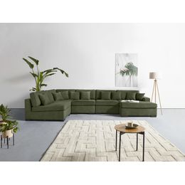 Wohnlandschaft Home Affaire "Skara U-Form", gr&uuml;n, B:390cm H:86cm T:190cm, 100% Polyester, Sofas, Wohnlandschaft, Lounge-Sofa mit Federkernpolsterung, in vielen Bezugsvarianten