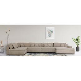Wohnlandschaft Home Affaire "Skara U-Form", beige (dunkelbeige), B:390cm H:86cm T:190cm, 100% Polyester, Sofas, Wohnlandschaft, Lounge-Sofa mit Federkernpolsterung, in vielen Bezugsvarianten, Topseller