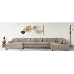 Wohnlandschaft Home Affaire "Skara XXL U-Form", beige (dunkelbeige), B:510cm H:86cm T:250cm, 100% Polyester, Sofas, Wohnlandschaft, Lounge-Sofa XXL mit Federkern-Polsterung, in vielen Bezugsvarianten