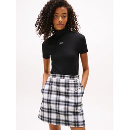 Kurzarmshirt Tommy Jeans "TJW SLIM SILVER SCRIPT MOCK SS", Damen, Gr. S (36), schwarz, Single Jersey, Obermaterial: 95% Nylon, 5% sonstige Fasern, unifarben, slim fit, Shirts