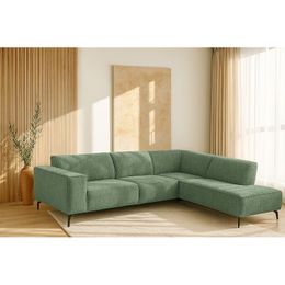Places of Style Ecksofa »Lorcan, Breite 275 cm, weiches Sitzgefühl« mit schwarzen Metallfüßen, Lederoptik und in weichem Strukturstoff forest green
