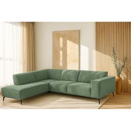 Places of Style Ecksofa »Lorcan, Breite 275 cm, weiches Sitzgefühl« mit schwarzen Metallfüßen, Lederoptik und in weichem Strukturstoff forest green