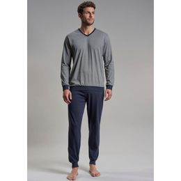 Bugatti Pyjama »Genua« 2 tlg., V-Ausschnitt, Langarm, lange Hose, mit Logo, bequem blau-dunkel-allover 50 50 Pyjama von Bugatti
