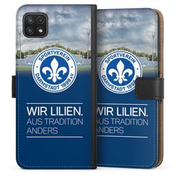 DeinDesign Galaxy A22 5G Handy Klapph&uuml;lle Handyh&uuml;lle aus Kunst Leder schwarz Flip Case Official Licensed Product Sv Darmstadt 98 Coat Of Arms Sideflip mit langer