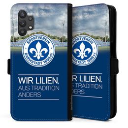 DeinDesign Galaxy A32 5G Handy Klapph&uuml;lle Handyh&uuml;lle aus Kunst Leder schwarz Flip Case Official Licensed Product Sv Darmstadt 98 Coat Of Arms Sideflip mit langer