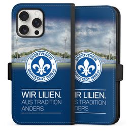 DeinDesign iPhone 15 Pro Max Handy Klapph&uuml;lle Handyh&uuml;lle aus Kunst Leder schwarz Flip Case Official Licensed Product Sv Darmstadt 98 Coat Of Arms Sideflip mit 