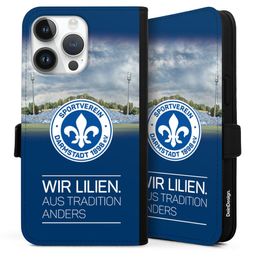DeinDesign iPhone 14 Pro Max Handy Klapph&uuml;lle Handyh&uuml;lle aus Kunst Leder schwarz Flip Case Official Licensed Product Sv Darmstadt 98 Coat Of Arms Sideflip mit 