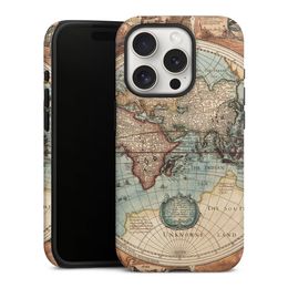 DeinDesign iPhone 15 Pro Handy Panzer Handyh&uuml;lle robuste Outdoor H&uuml;lle Schutzh&uuml;lle matt Vintage Map World Map Tough Case