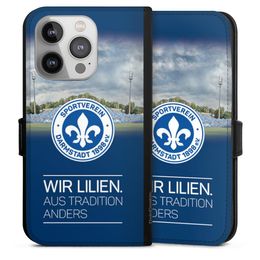 DeinDesign iPhone 14 Pro Handy Klapph&uuml;lle Handyh&uuml;lle aus Kunst Leder schwarz Flip Case Official Licensed Product Sv Darmstadt 98 Coat Of Arms Sideflip mit langer