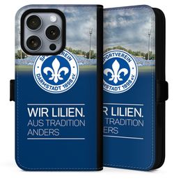 DeinDesign iPhone 16 Pro Max Handy Klapph&uuml;lle Handyh&uuml;lle aus Kunst Leder schwarz Flip Case Official Licensed Product Sv Darmstadt 98 Coat Of Arms Sideflip mit 