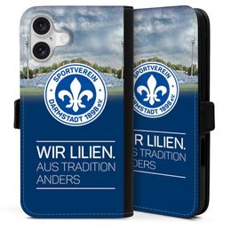 DeinDesign iPhone 16 Plus Handy Klapph&uuml;lle Handyh&uuml;lle aus Kunst Leder schwarz Flip Case Official Licensed Product Sv Darmstadt 98 Coat Of Arms Sideflip mit 