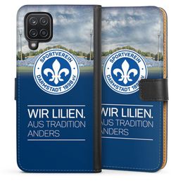 DeinDesign Galaxy A12 Handy Klapph&uuml;lle Handyh&uuml;lle aus Kunst Leder schwarz Flip Case Official Licensed Product Sv Darmstadt 98 Coat Of Arms Sideflip mit langer 